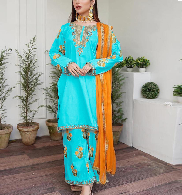 3 Pcs Stitched Cotton Embroidered Dress With Chiffon Dupatta Rm 100